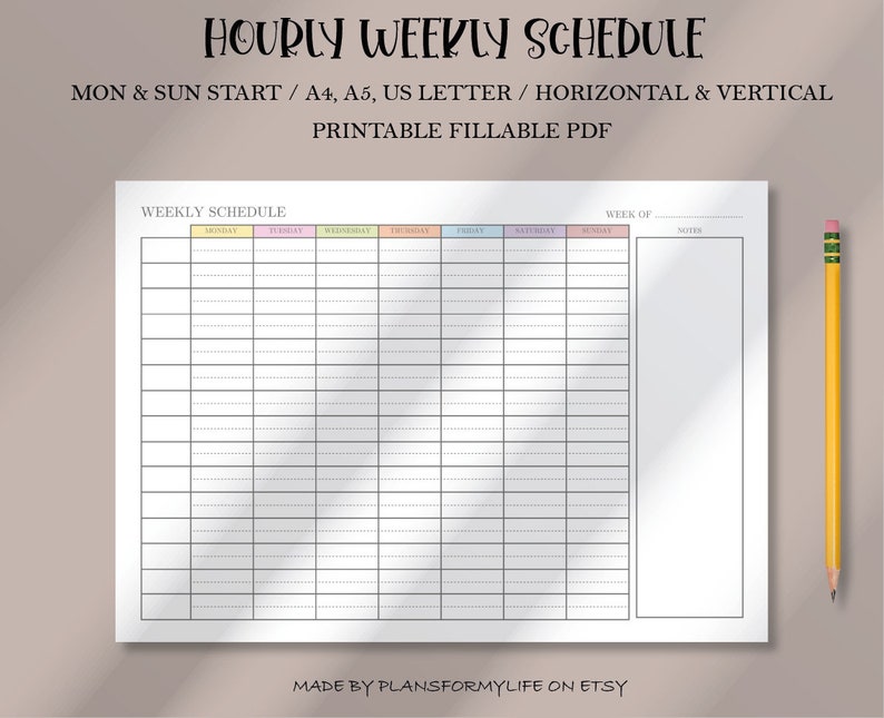 Hourly Weekly Schedule Printable Weekly Planner Week at a - Etsy