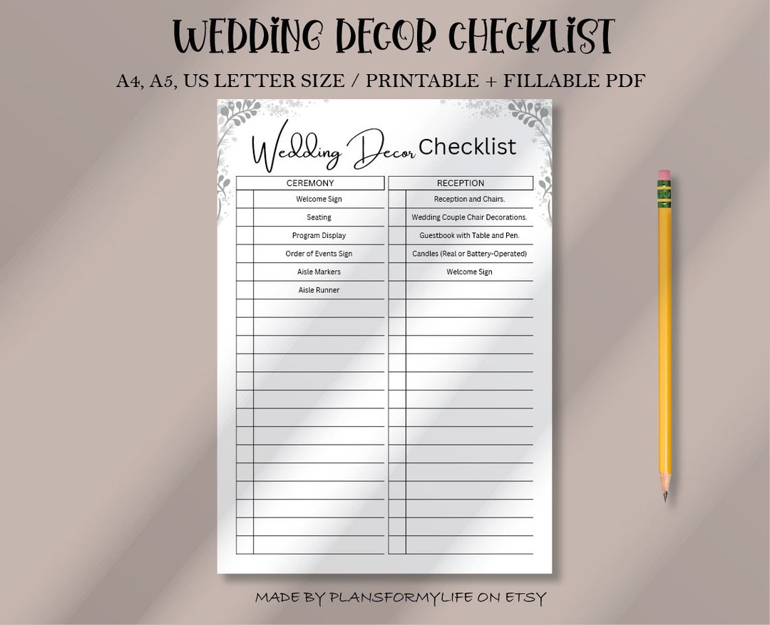 Wedding Decor Checklist Printable, Wedding Decor Checklist Template ...