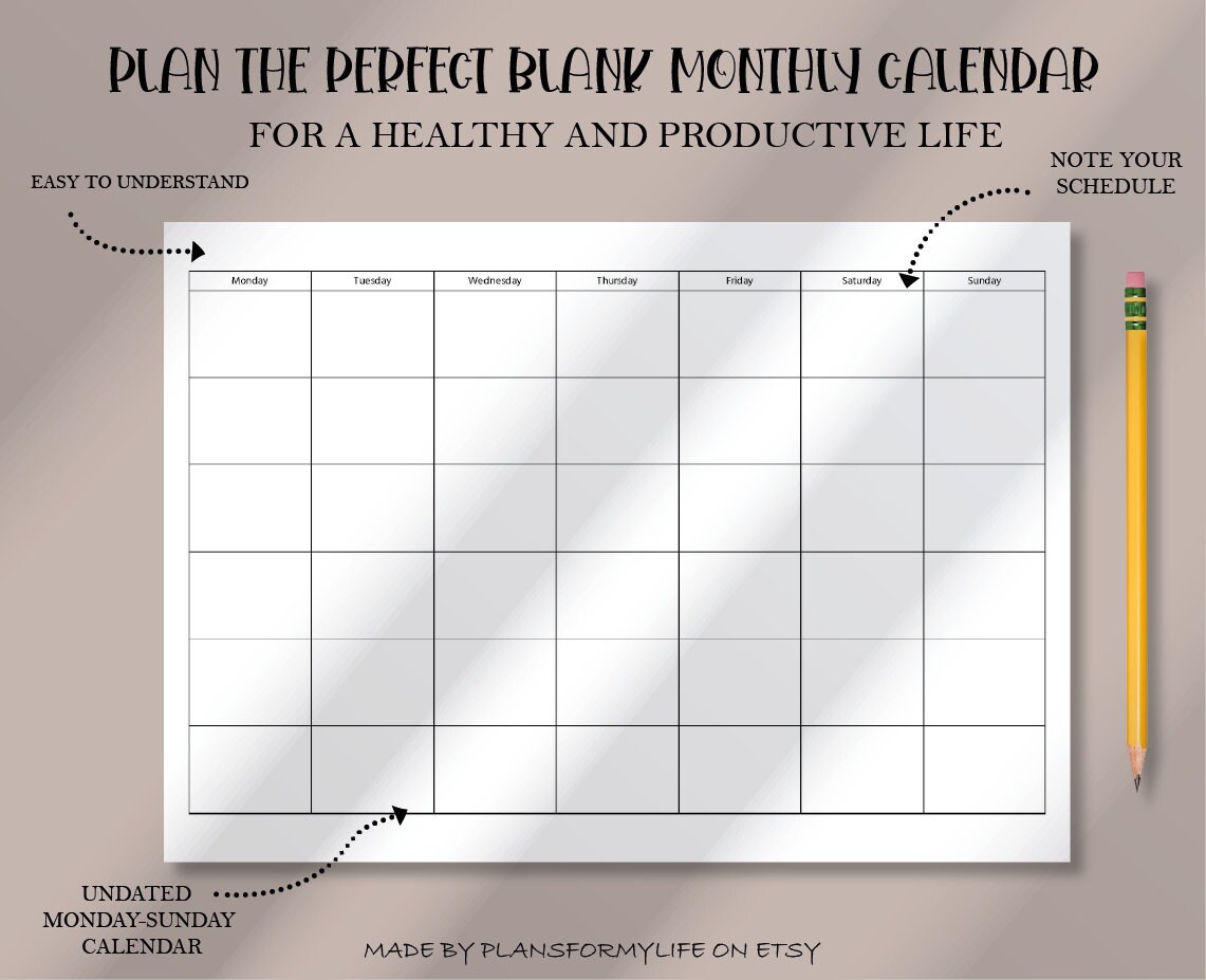 Blank Monthly Calendar Printable Landscape, Minimalist Calendar ...