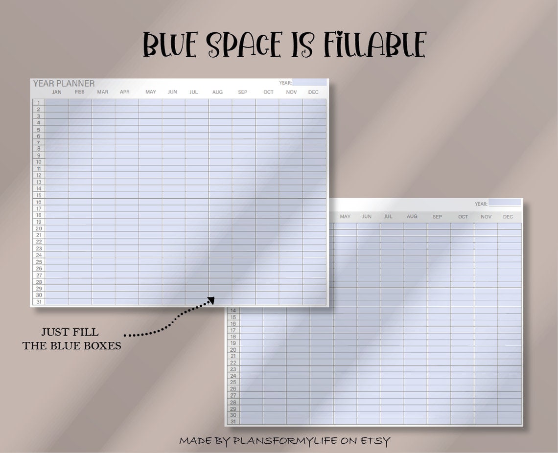 Undated Year Calendar Printable & Fillable, Year at a Glance, Year on ...