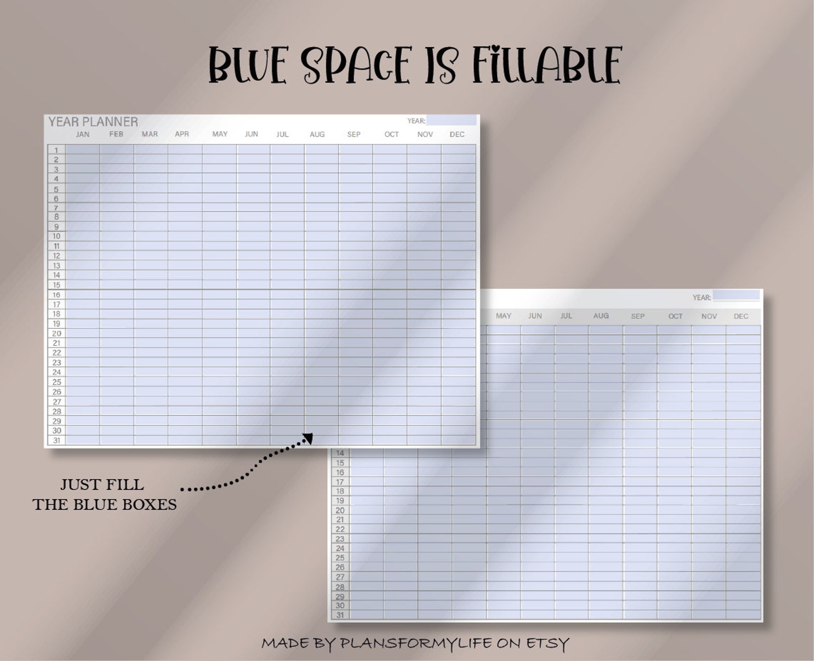 Undated Year Calendar Printable & Fillable, Year at a Glance, Year on ...