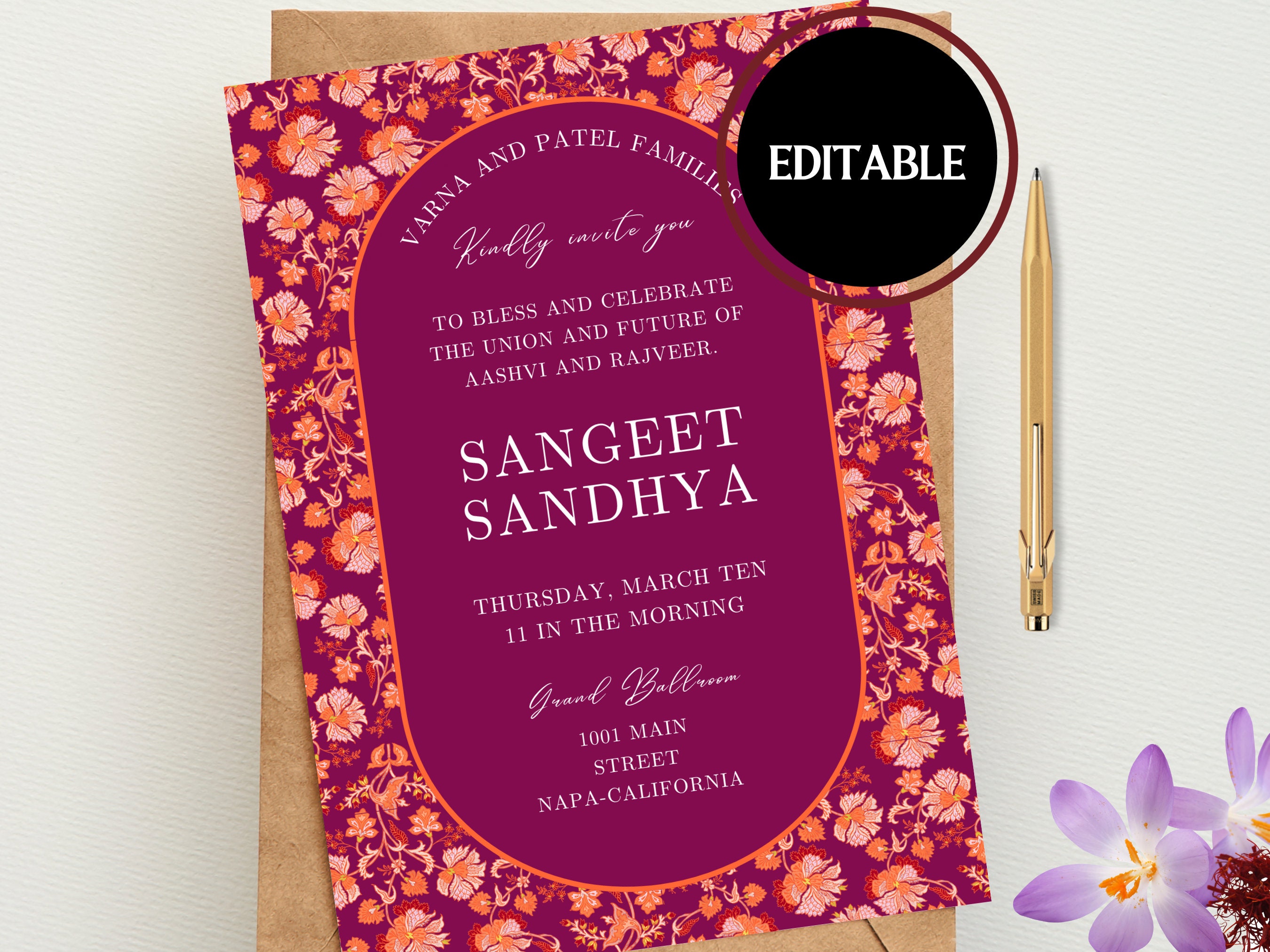 EDITABLE Elegant Sangeet Invitation: Maroon With Floral Background (2 ...