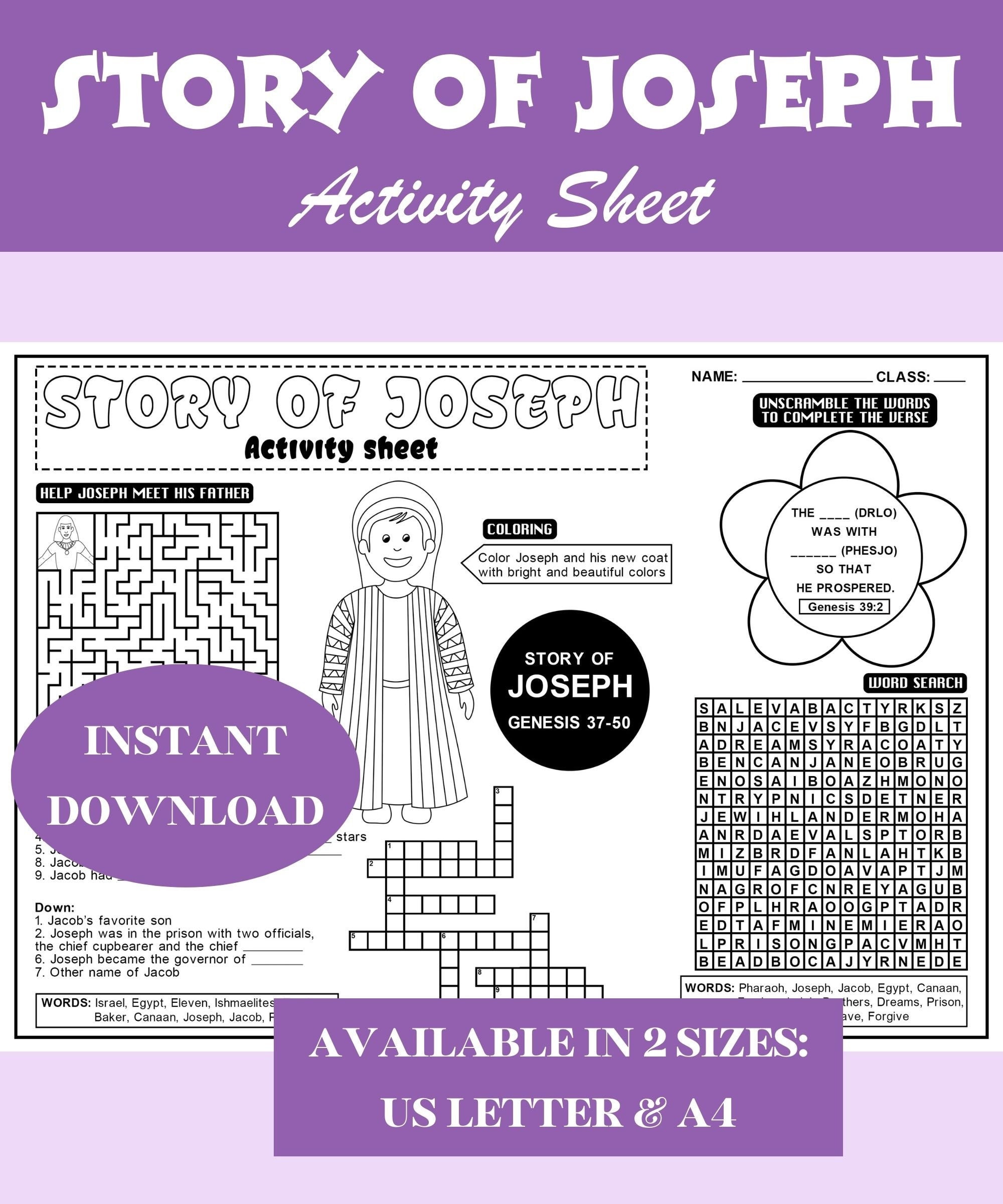 Story of Joseph 5 in 1 Activity Sheet Kids Coloring Sheet Bible Stories ...