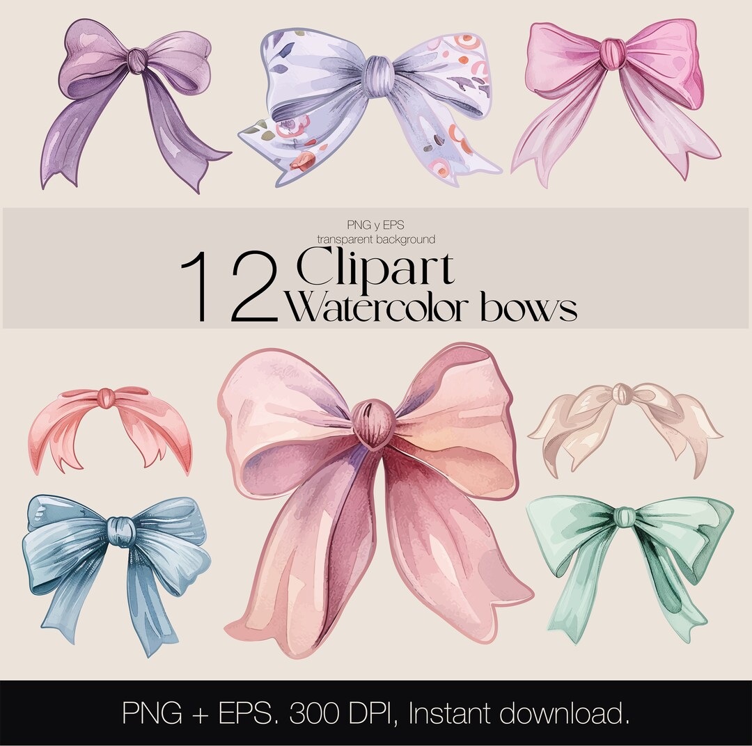 COQUETTE Bows Clipart, 12 PNG Designs, Watercolor Style EPS Bundle ...