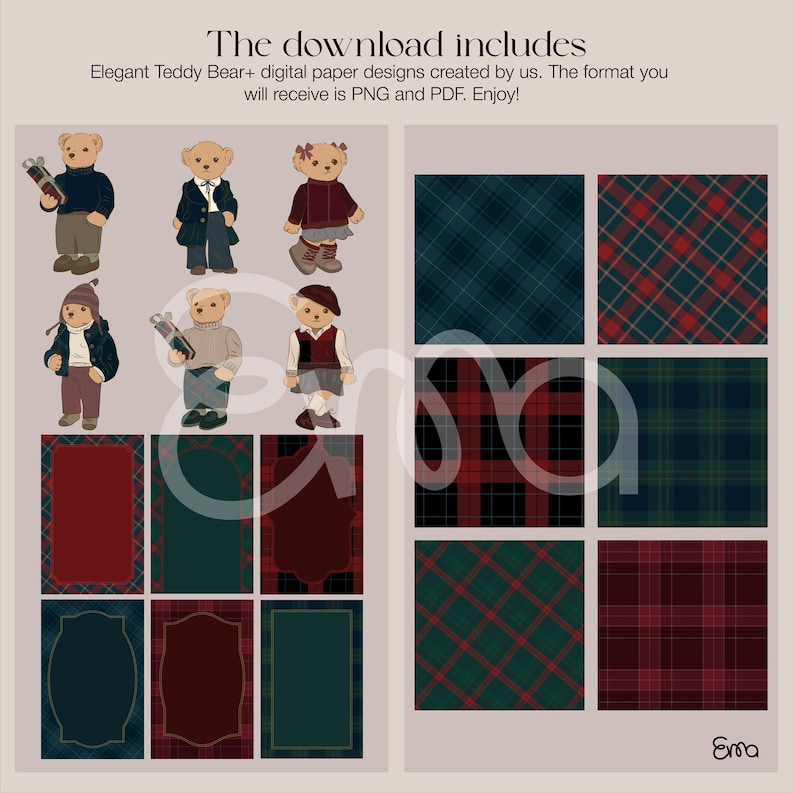 Teddy Bear Clipart + Digital Papers, 18 PNG Designs, Elegant Watercolor ...