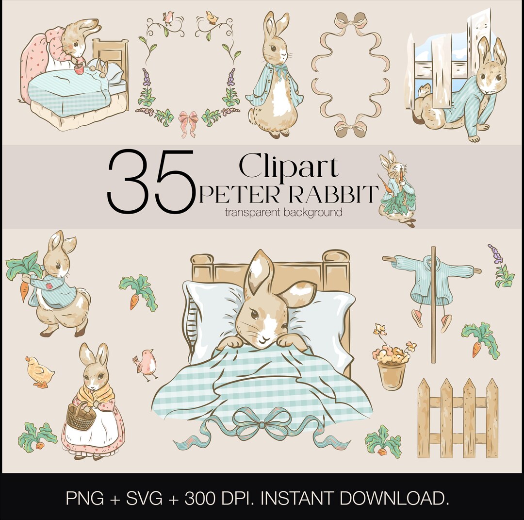 Peter Rabbit Clipart PNG, 35 Bundle Classic Color SVG, Clip Art Pack ...