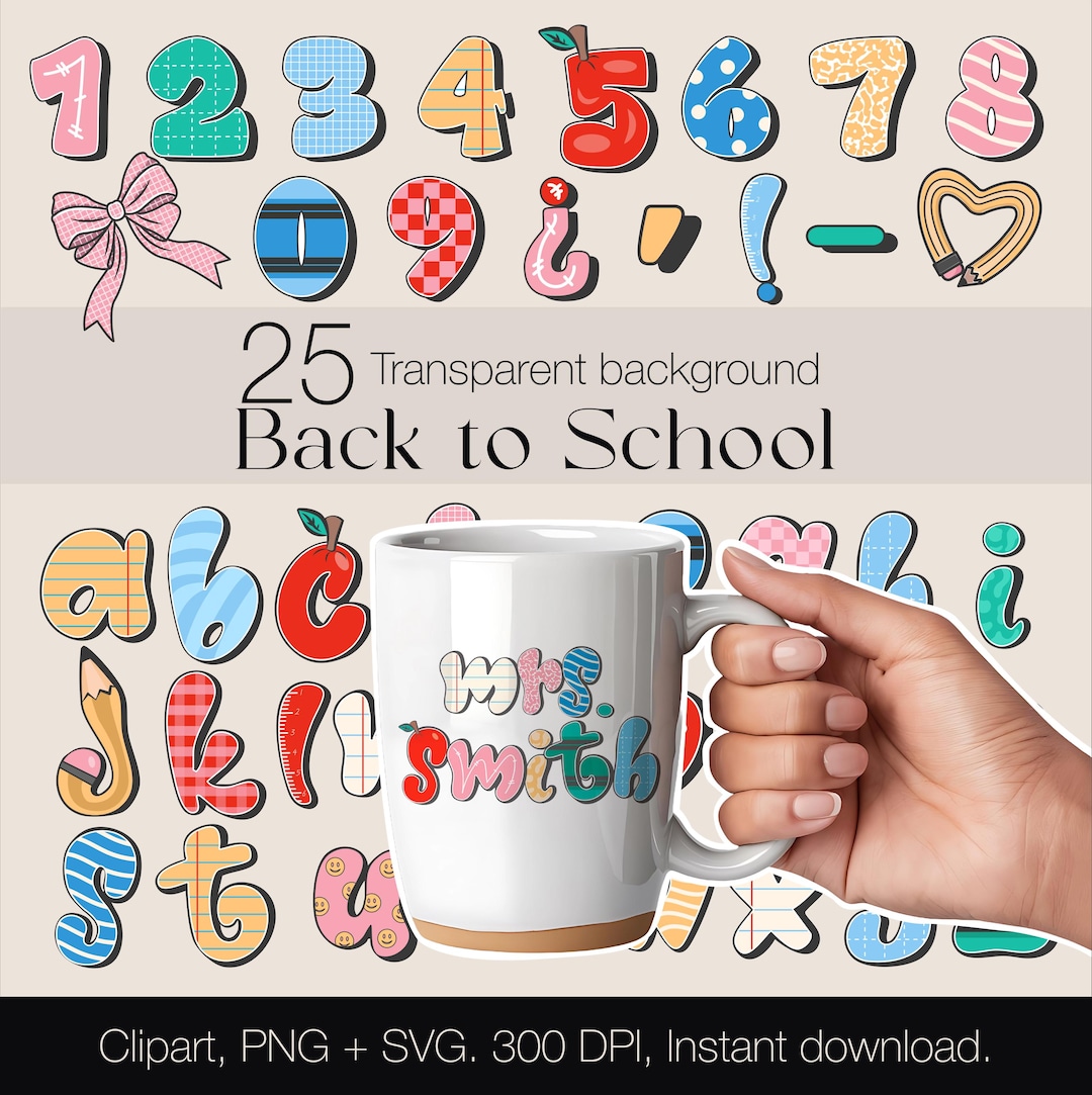 Back to School Letters Clipart SVG, 25 Bundle PNG, Clip Art Pack for ...