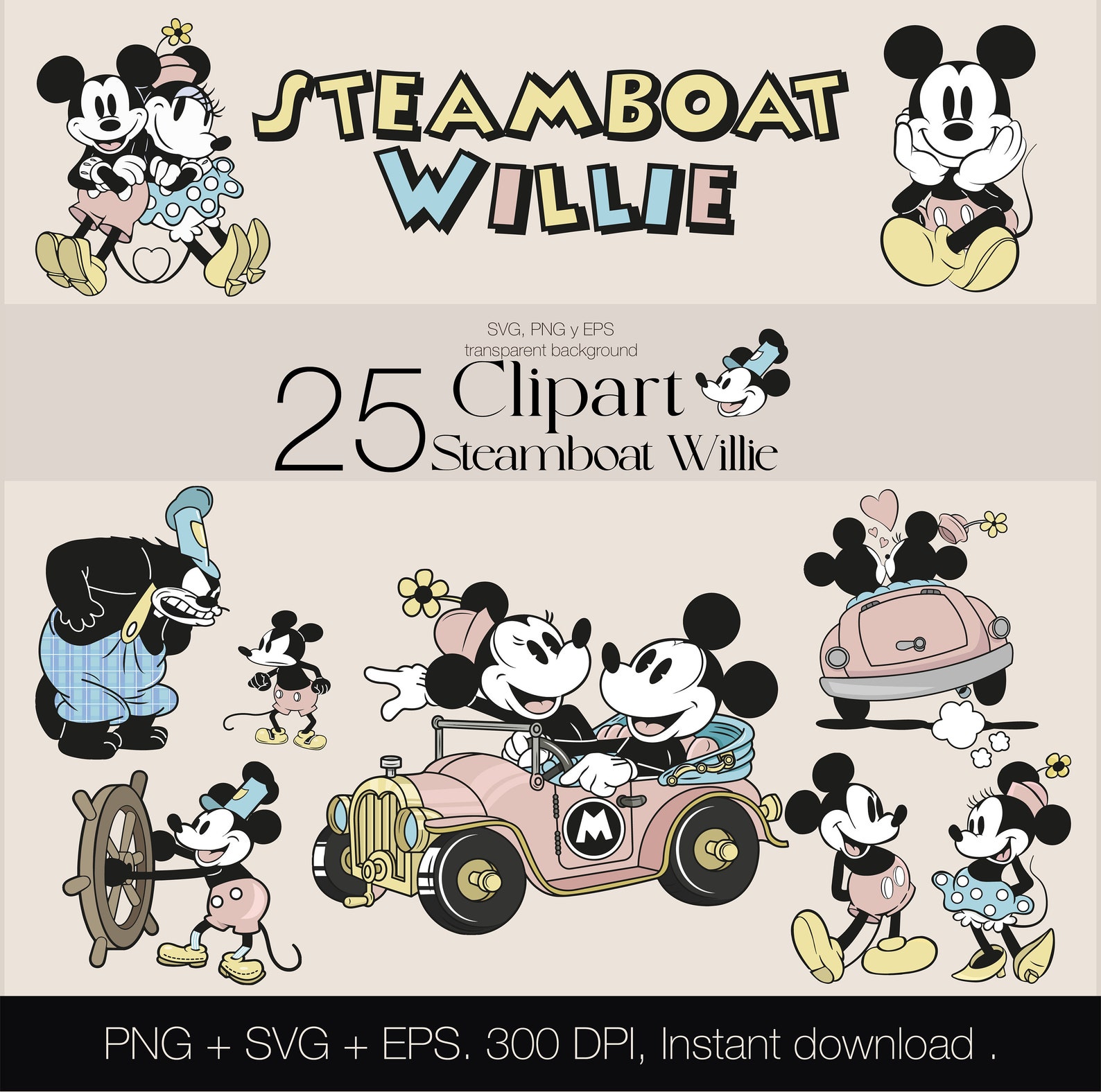 Mickey Mouse Steamboat Willie Clipart, Classic 1928 Color SVG Bundle ...