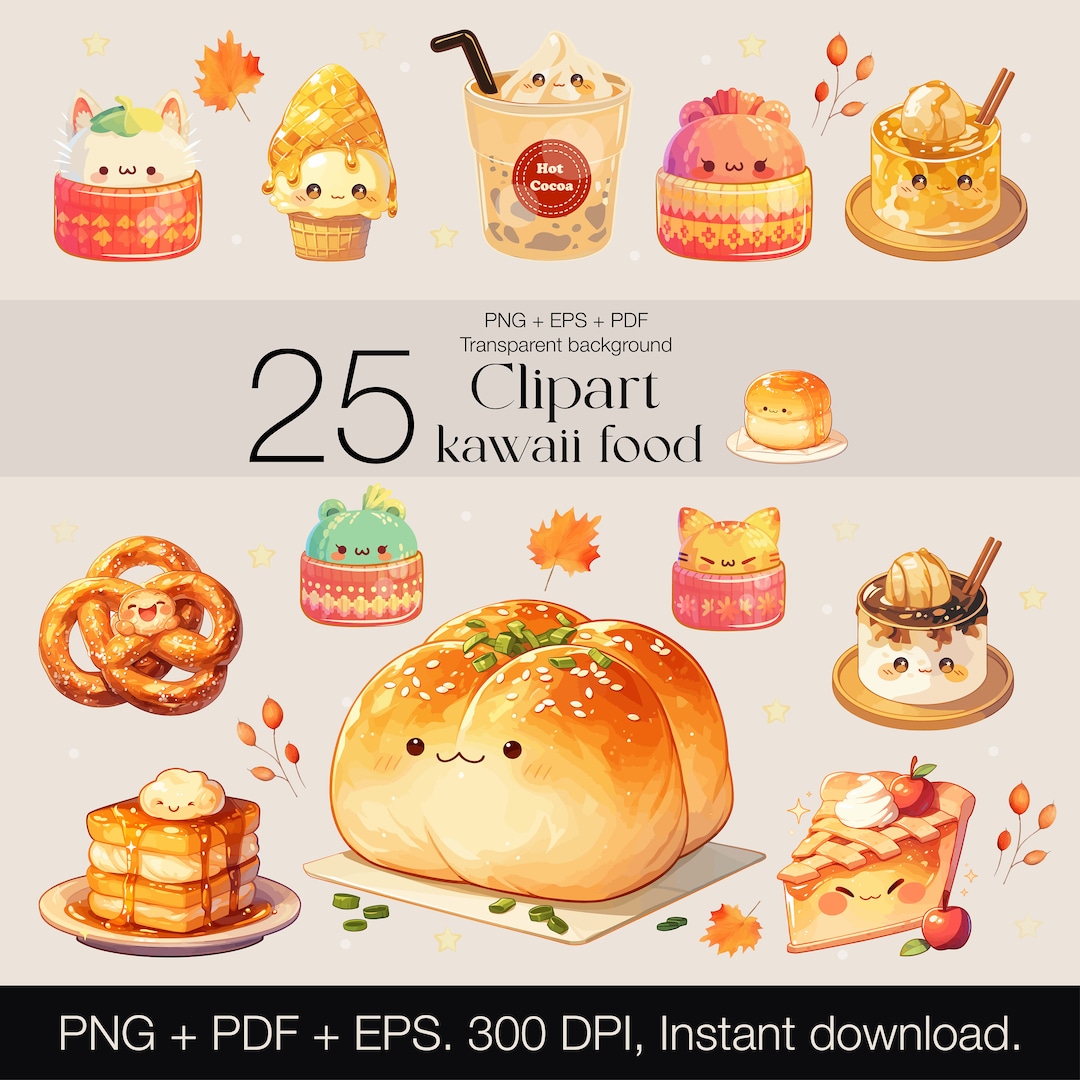 Kawaii Food Clipart, 25 PNG Designs, Bundle With Pop Style, Watercolor ...