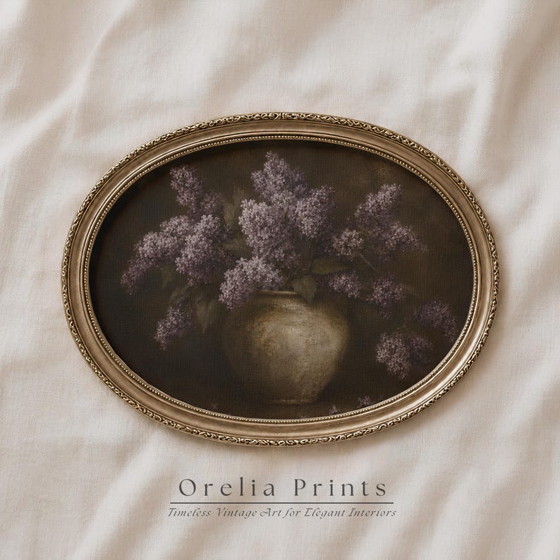 Dark Lilac Floral Still Life Painting, Moody Botanical Artwork, Dark ...