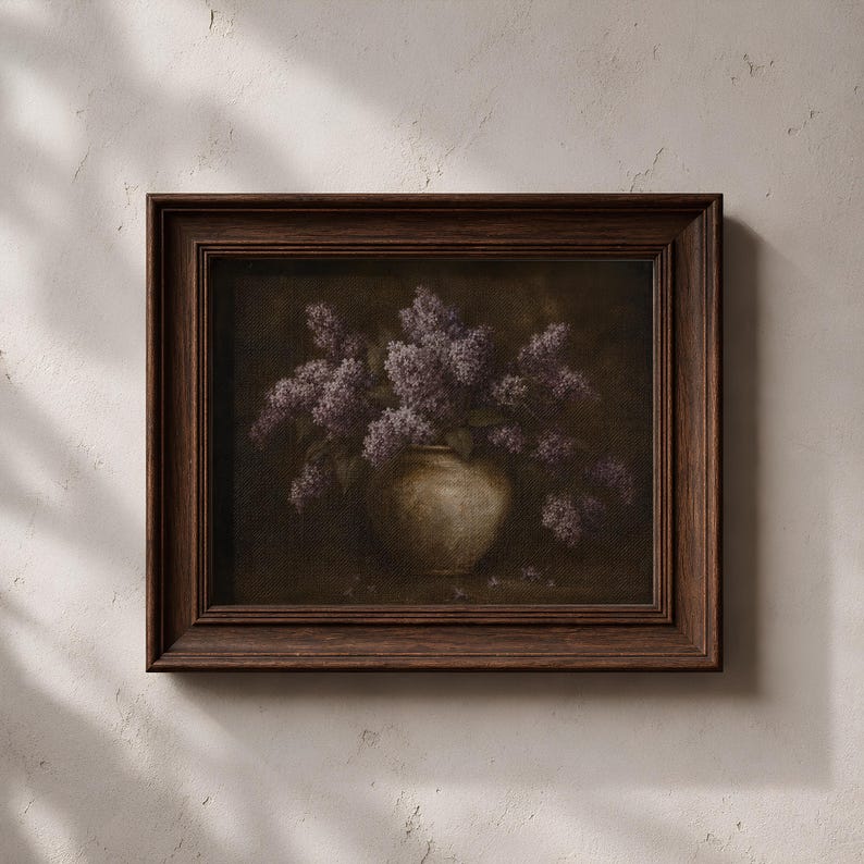 Dark Lilac Floral Still Life Painting, Moody Botanical Artwork, Dark ...