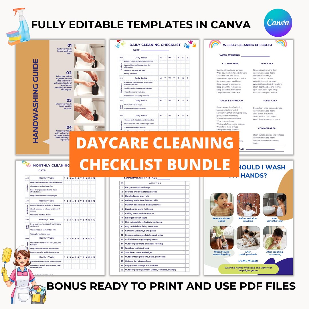 Daycare Cleaning Checklist Schedule Bundle | Editable Canva Childcare ...