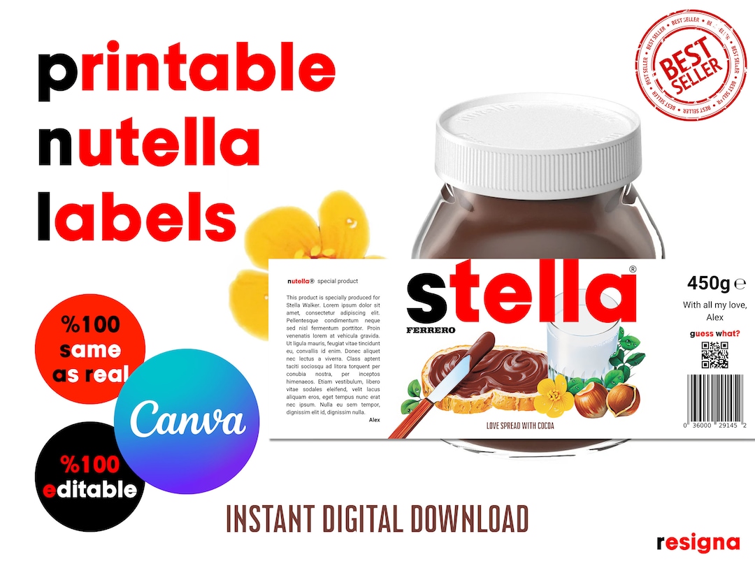Personalized PRINTABLE NUTELLA Jar Label Digital File Printable Nutella ...