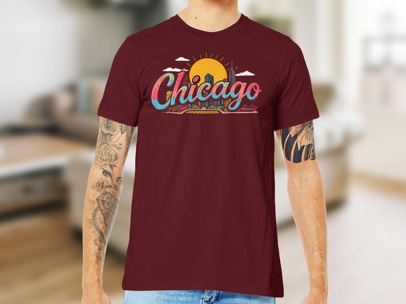 Colorful Chicago Skyline T-shirt, Cityscape Graphic Tee, Bold Chicago ...