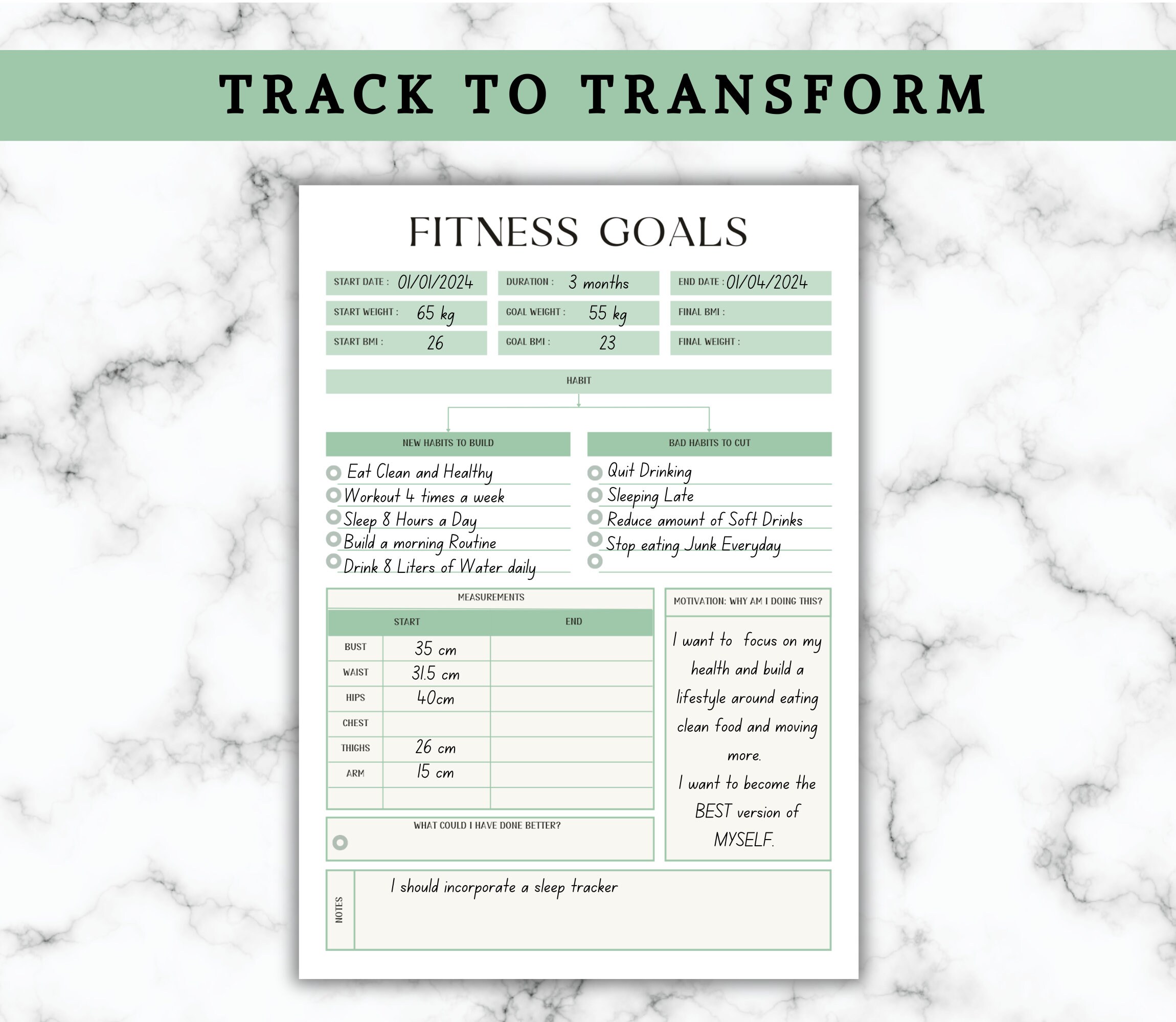 Fitness Goal Tracker Printable Weight Loss Tracker Health Goals Habit ...