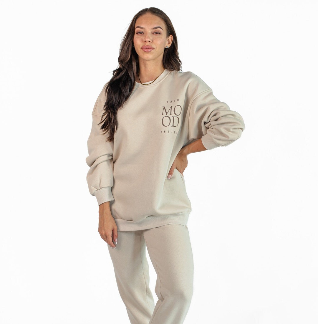 Beige Two Piece Tracksuit Set, Fall Style, Fleece Lining, Cotton ...