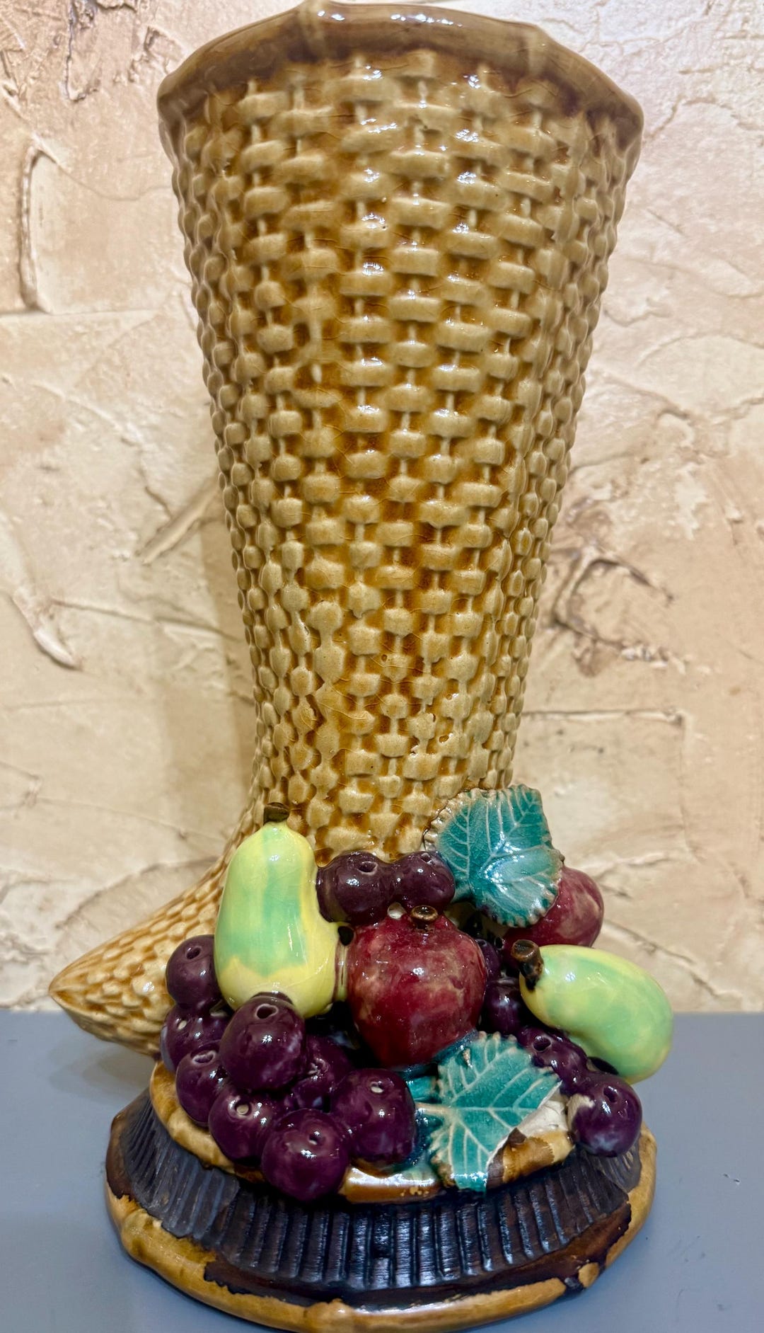 Vintage Glazed Majolica Woven Cornucopia Raised Fruit Pottery Vase ...