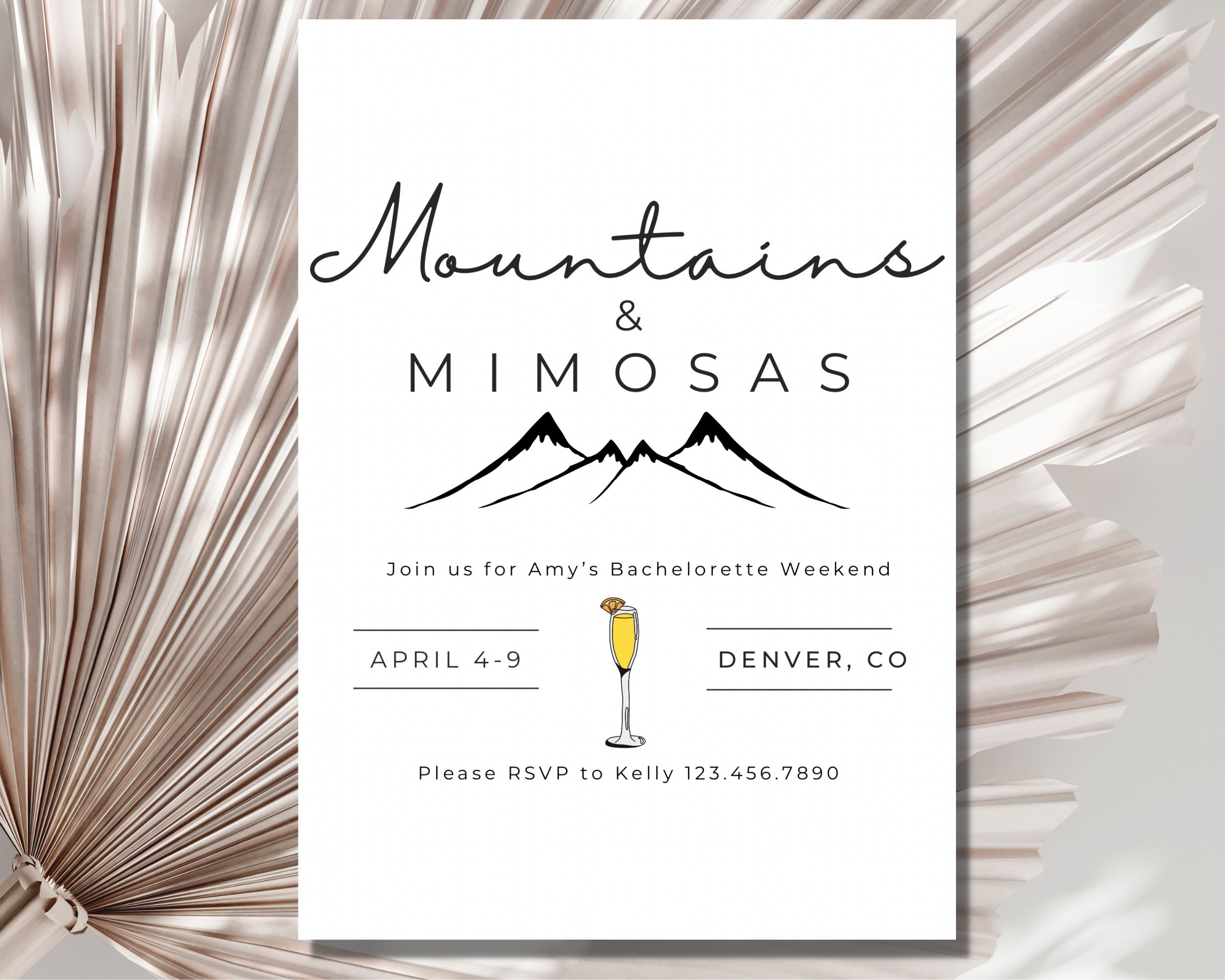 Mountains and Mimosas Bachelorette Invitation, Itinerary Template ...