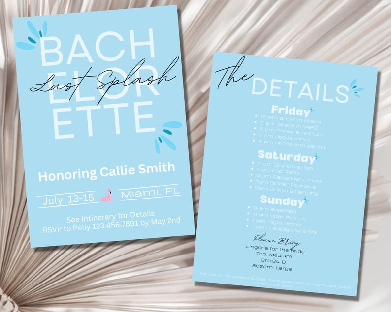 Last Splash Invitation and Itinerary Template, Miami Bachelorette ...