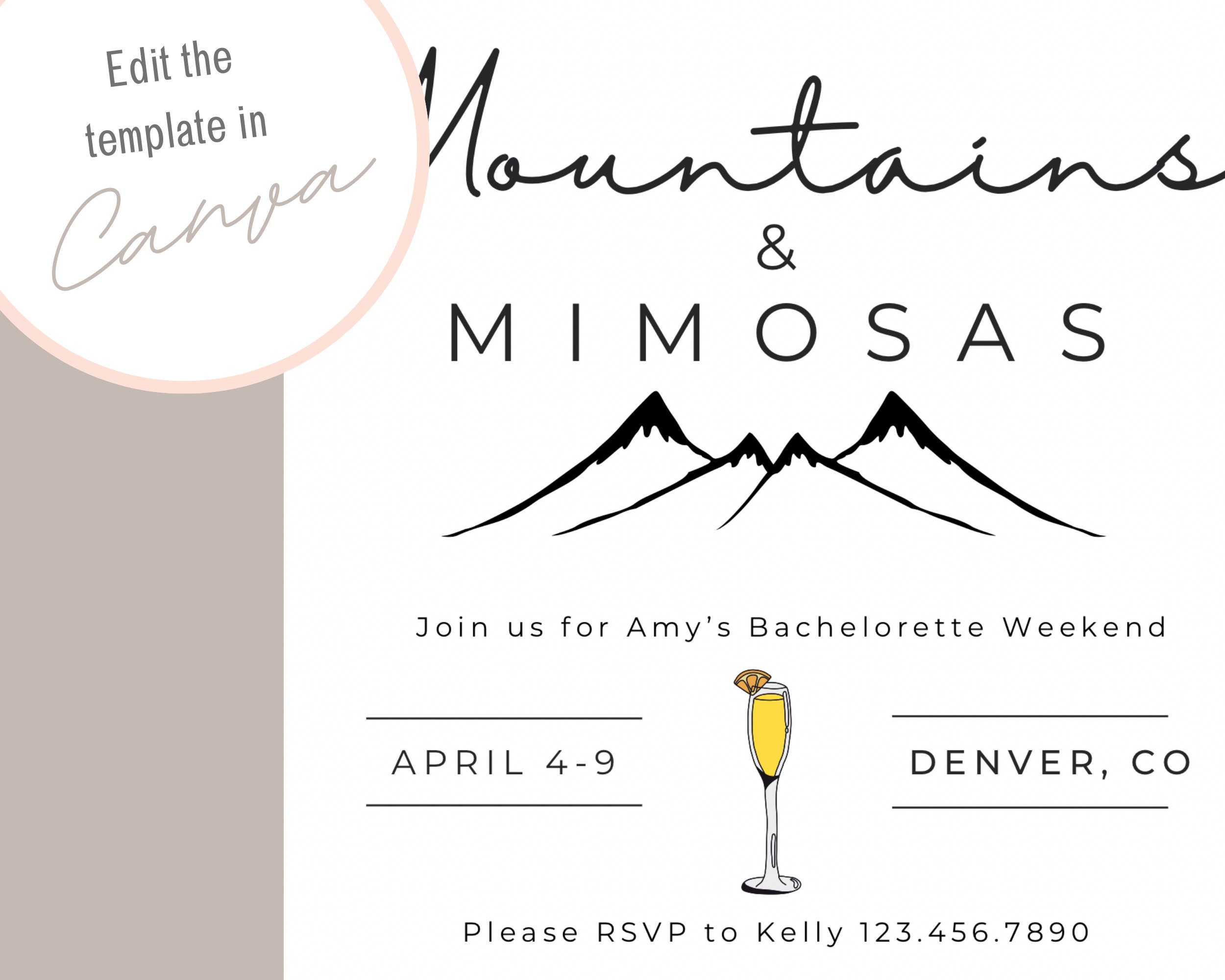 Mountains and Mimosas Bachelorette Invitation, Itinerary Template ...