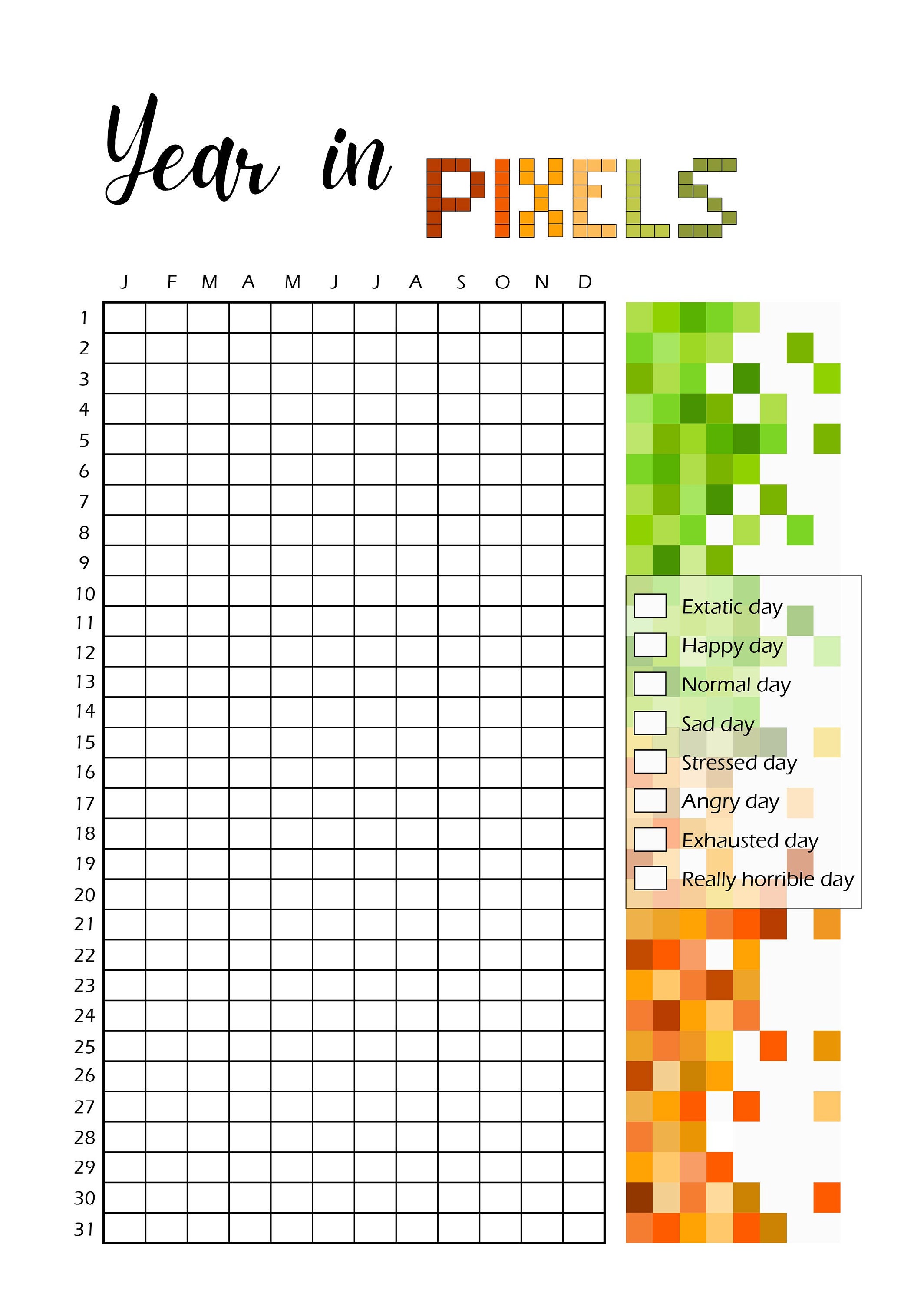 A Year in Pixels Tracker Printable, Minimalist Planner Inserts, Mood ...