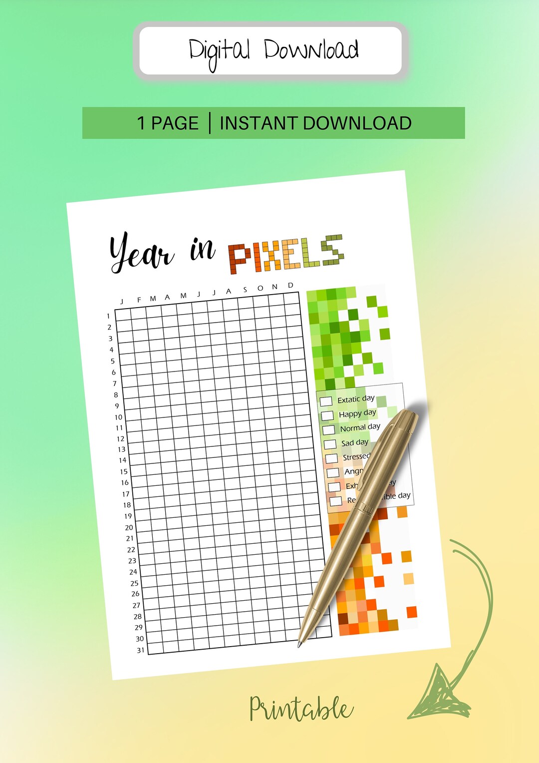 A Year in Pixels Tracker Printable, Minimalist Planner Inserts, Mood ...