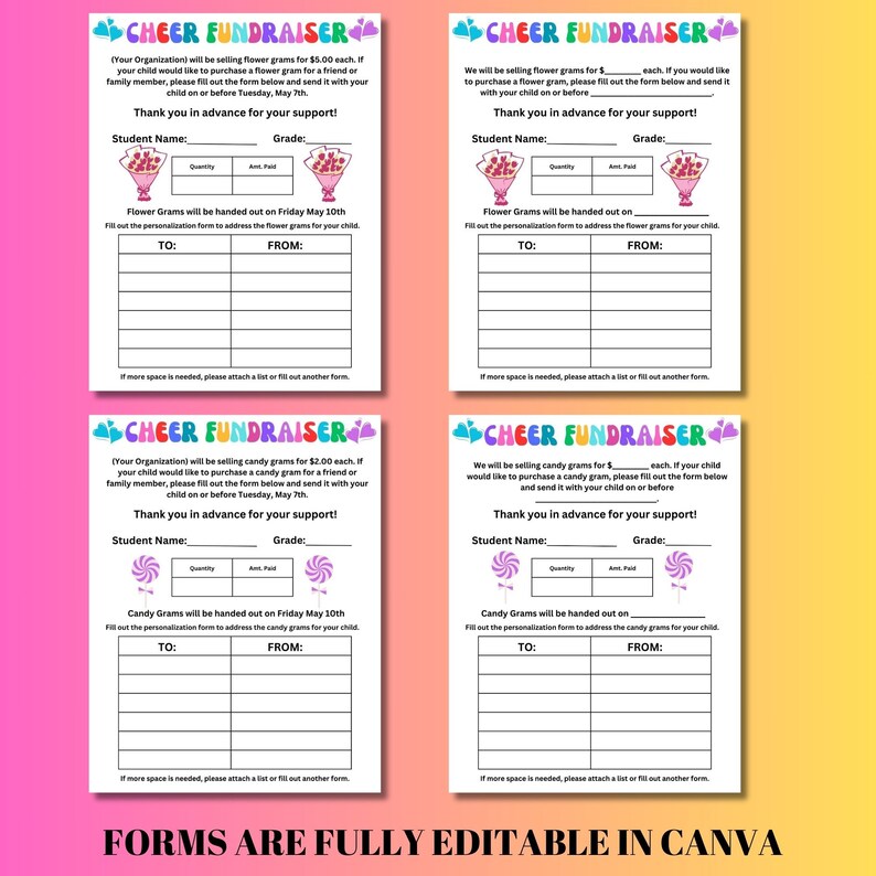 Cheer Fundraiser Candy Gram Printable Editable, Flower Gram Fundraiser ...