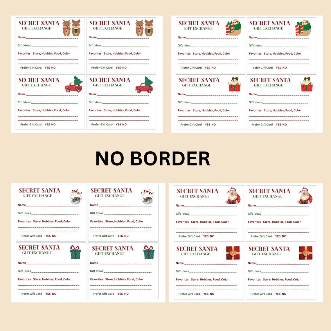 Secret Santa Gift Exchange Cards: Printable Christmas Questionnaire ...