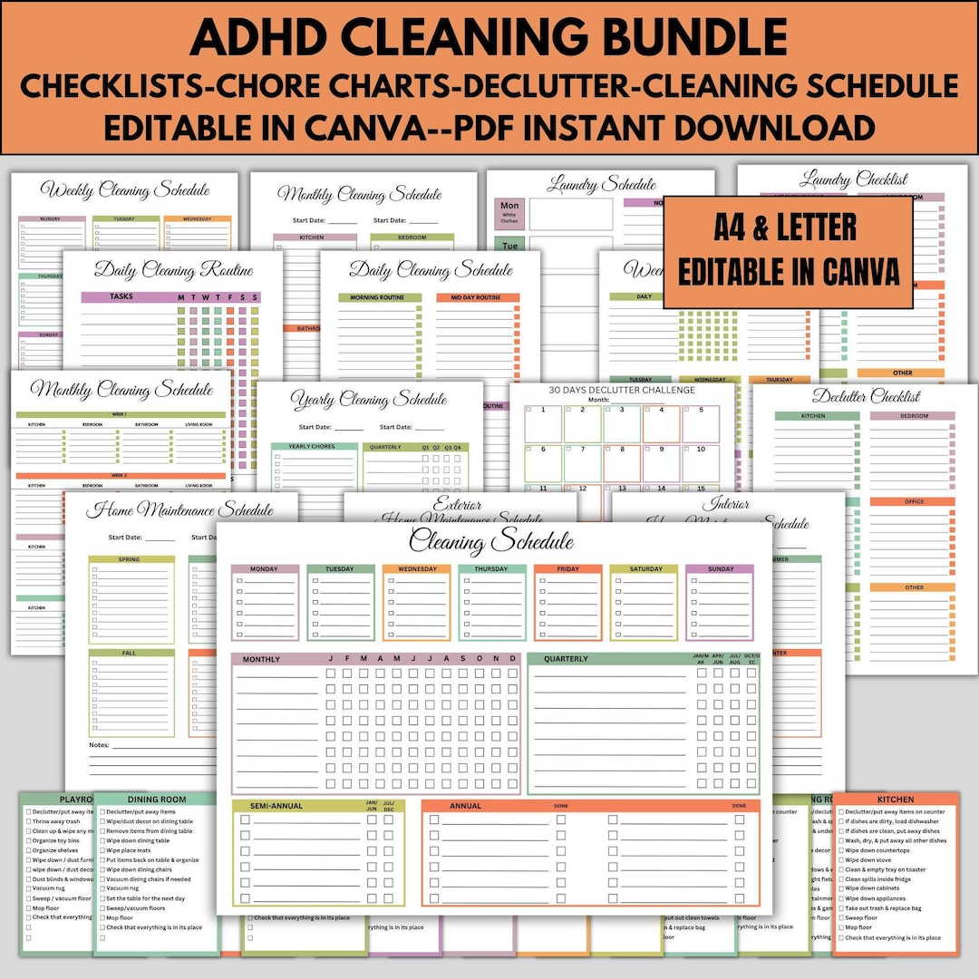ADHD Cleaning Planner Bundle Pdf Editable Canva Home Cleaning Schedule ...