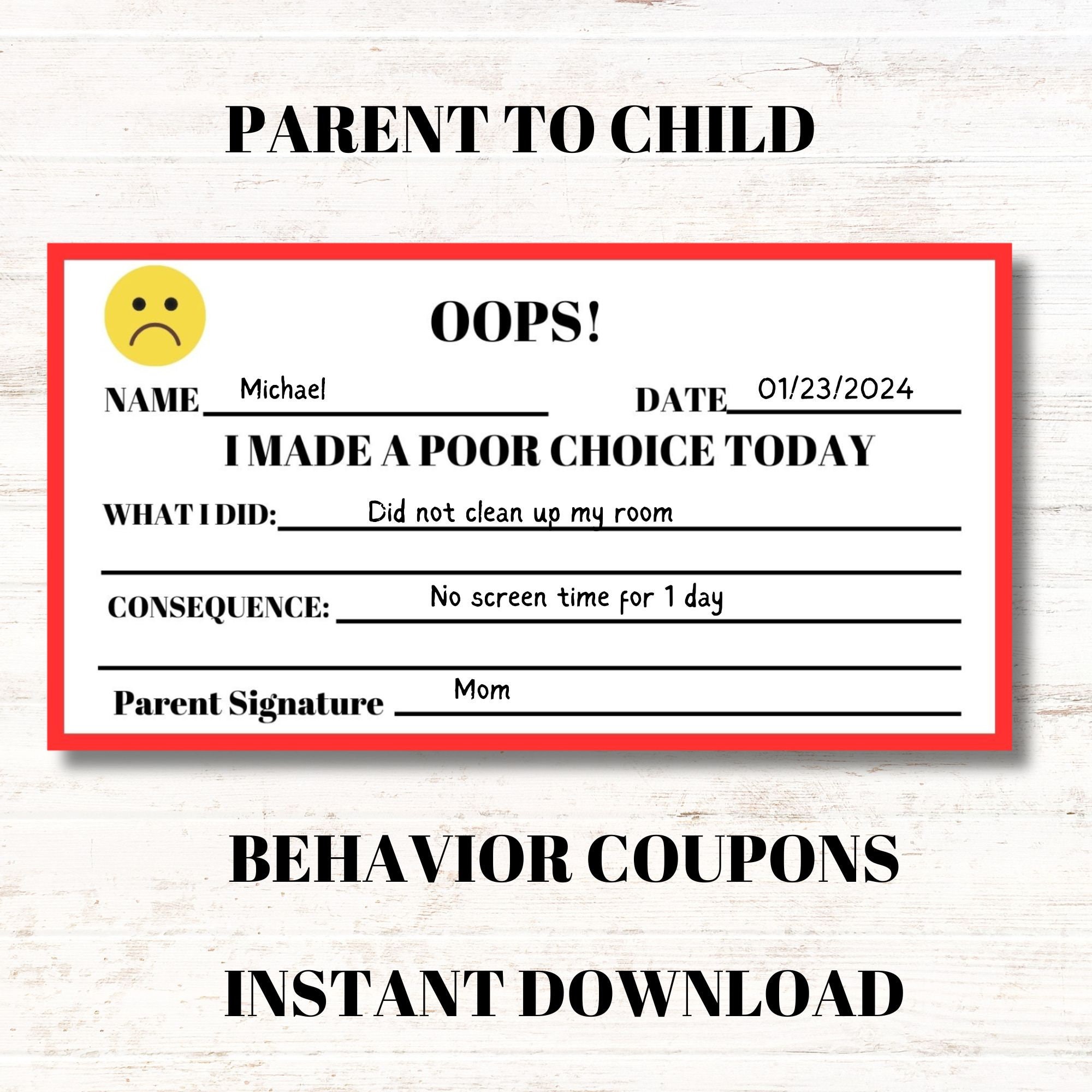 Behavior Coupon Note for Kids Printable, Kids Behavior Coupon, Teacher ...