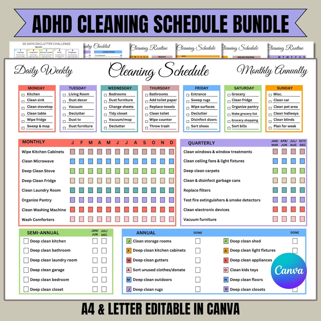 ADHD Cleaning Checklist Bundle, ADHD Cleaning Planner, ADHD Chore Chart ...