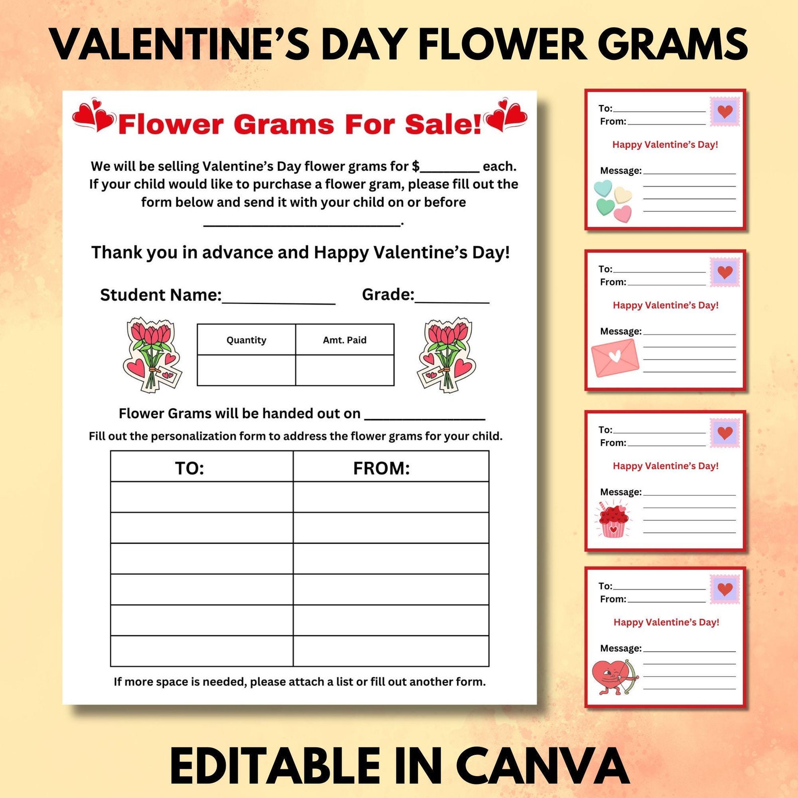 Editable Valentines Day Flower Gram Printable, Carnation Gram for ...