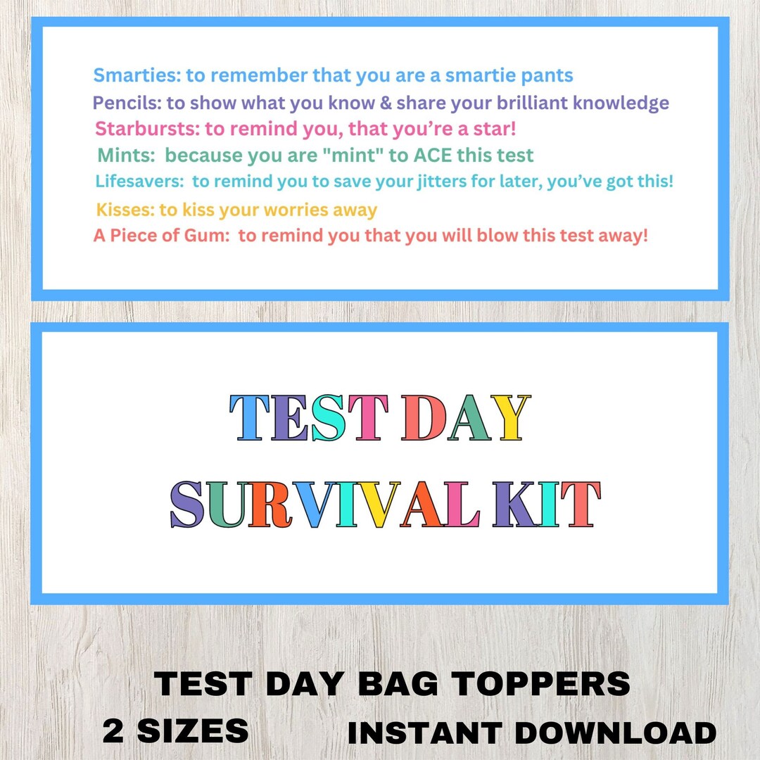 Test Day Snack Tag Survival Kit Bag Topper, Test Day Treat Bag Topper ...