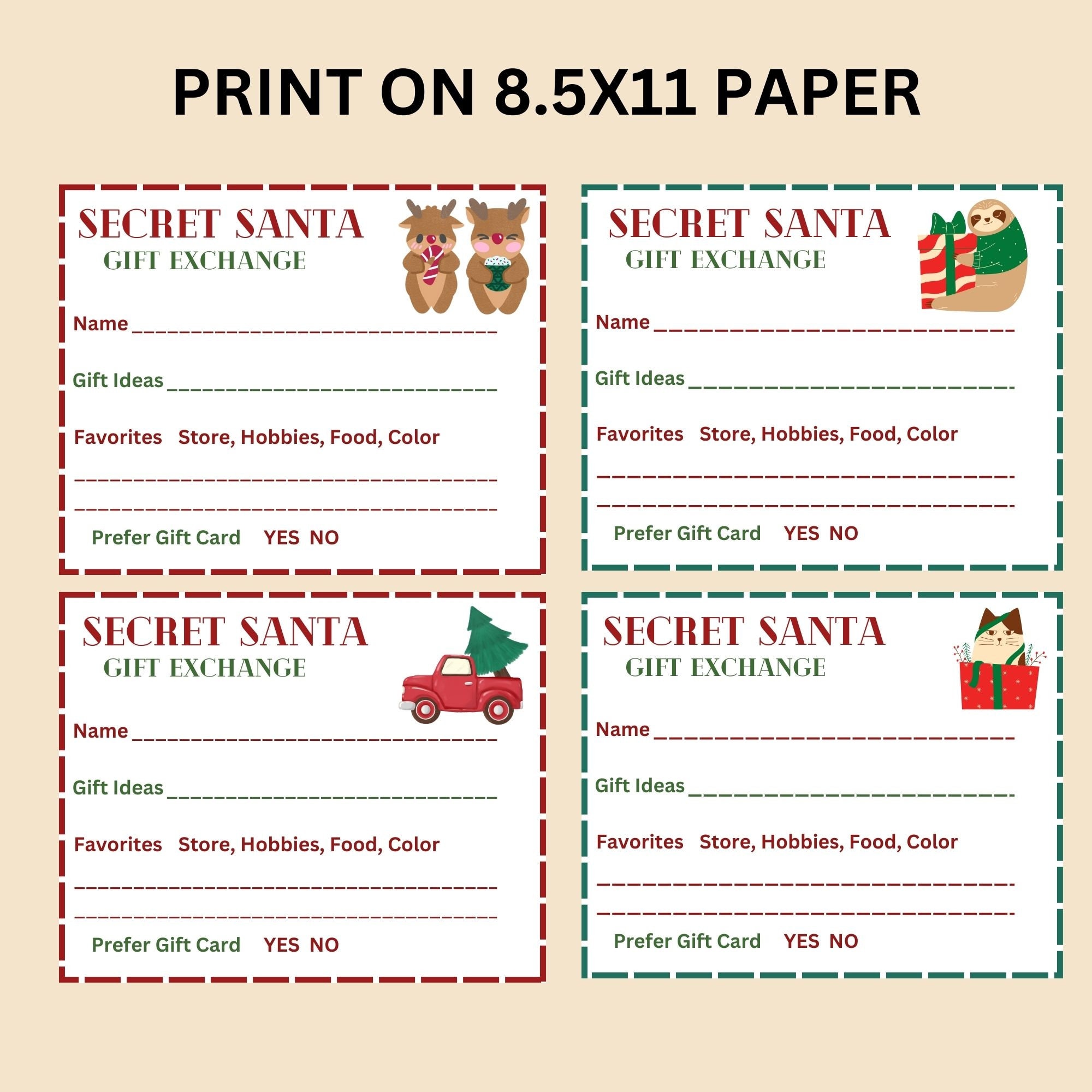 SECRET SANTA Gift Exchange Cards PRINTABLE Christmas Gift List for ...