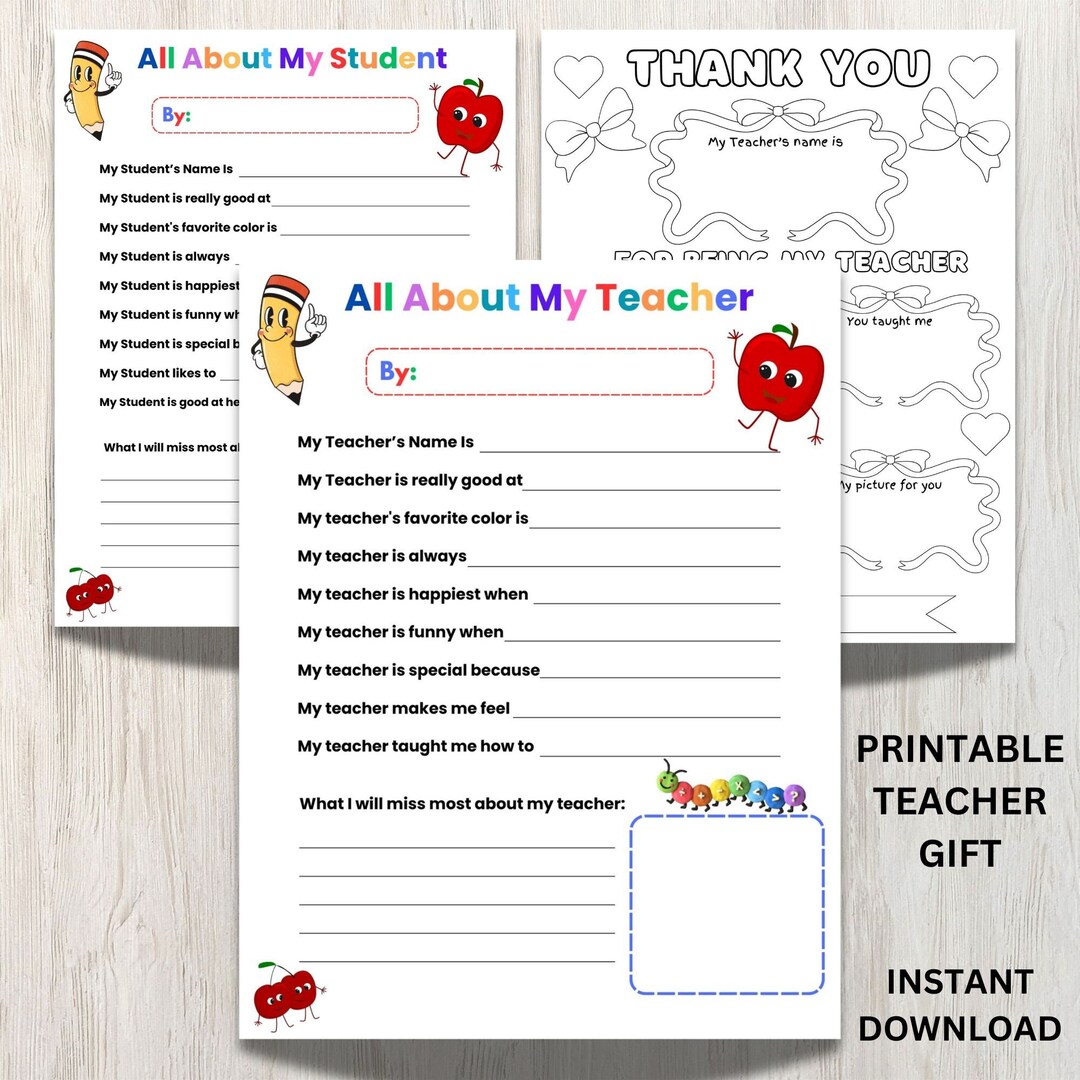 Teacher Appreciation Coloring Page: All About My Teacher, Thank You ...