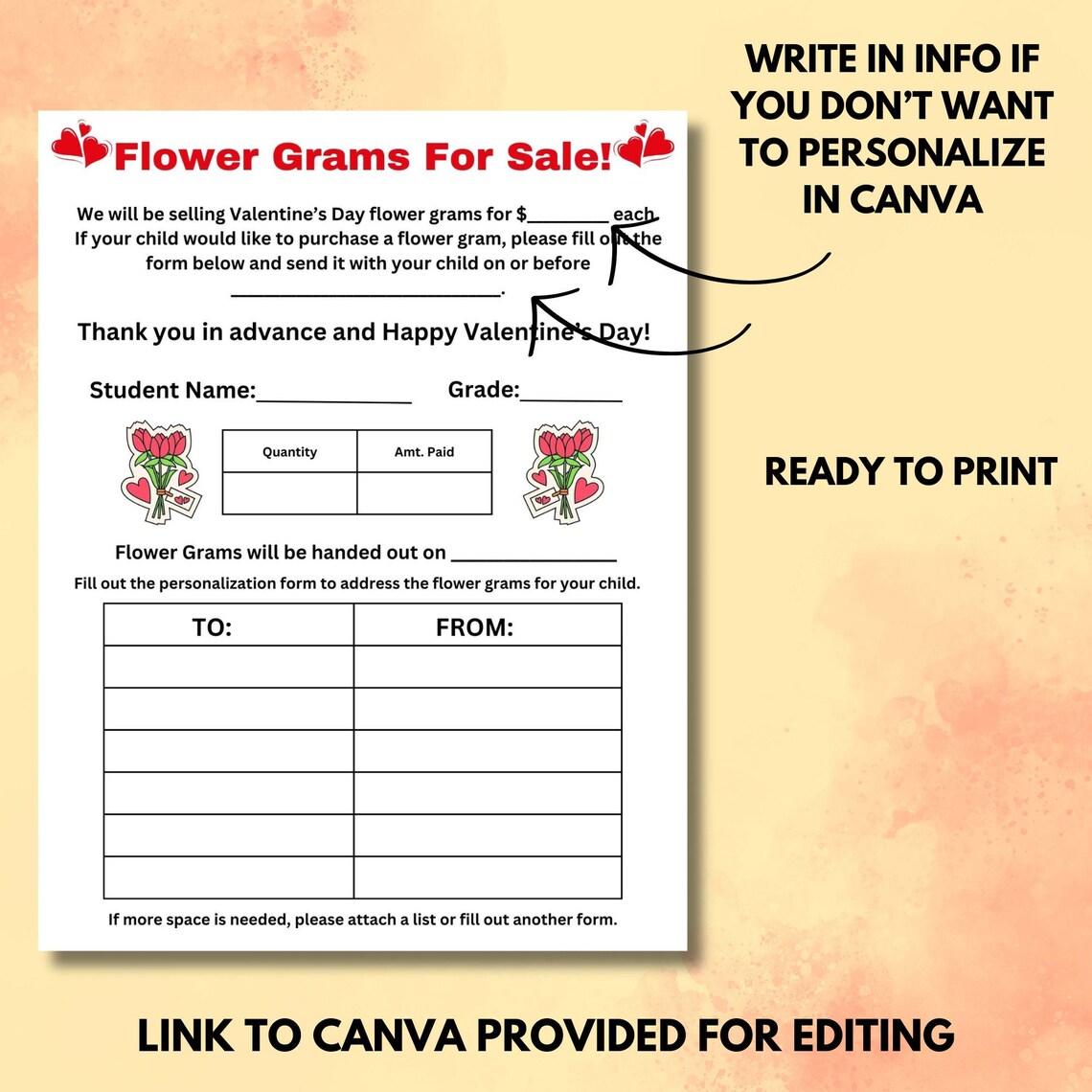 Editable Valentines Day Flower Gram Printable, Carnation Gram for ...