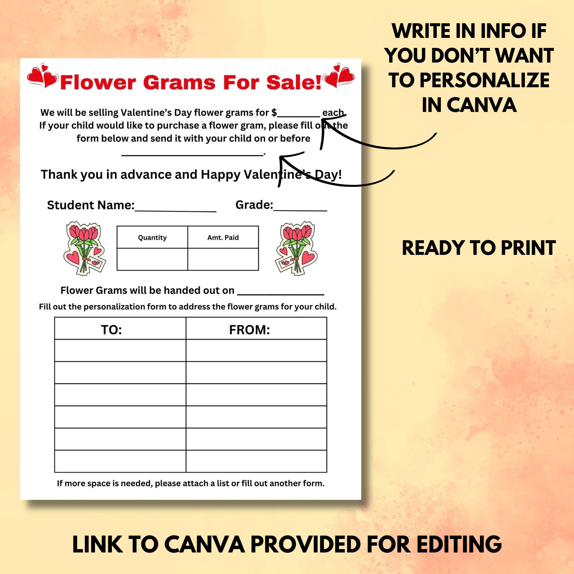 Editable Valentines Day Flower Gram Printable, Carnation Gram for ...