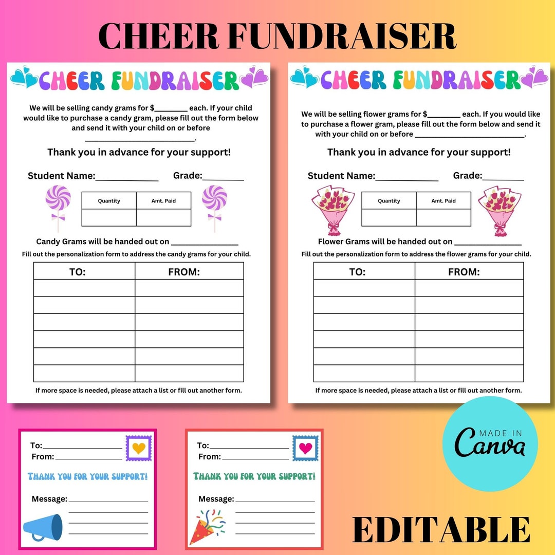 Cheer Fundraiser Candy Gram Printable Editable, Flower Gram Fundraiser ...