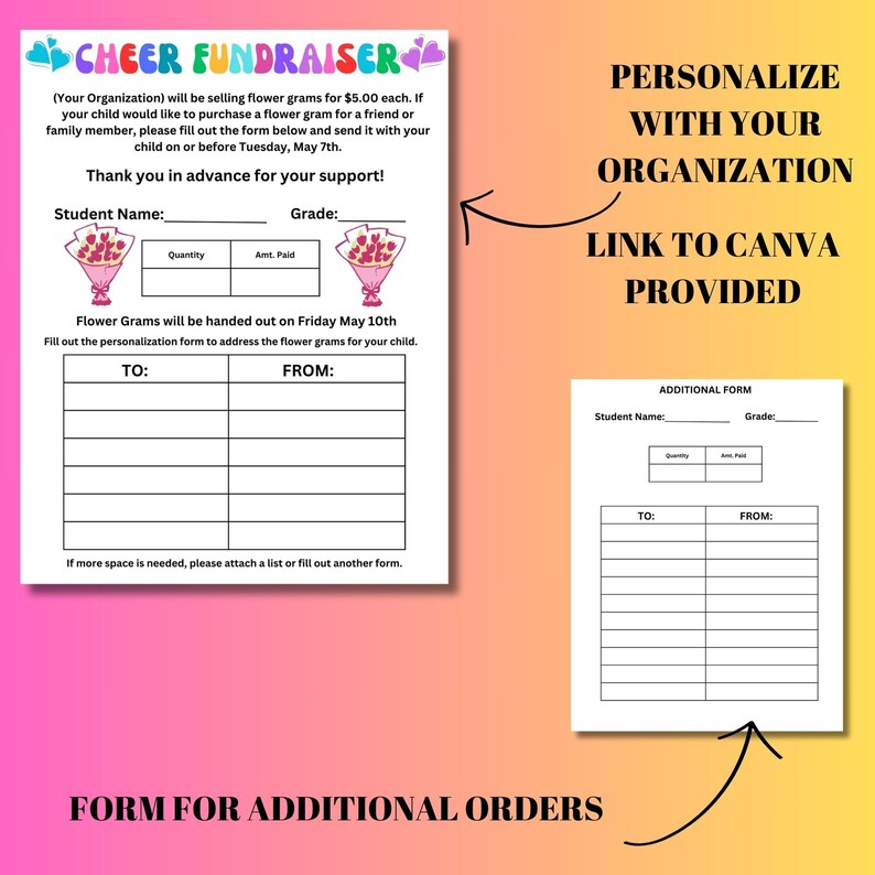 Cheer Fundraiser Candy Gram Printable Editable, Flower Gram Fundraiser ...