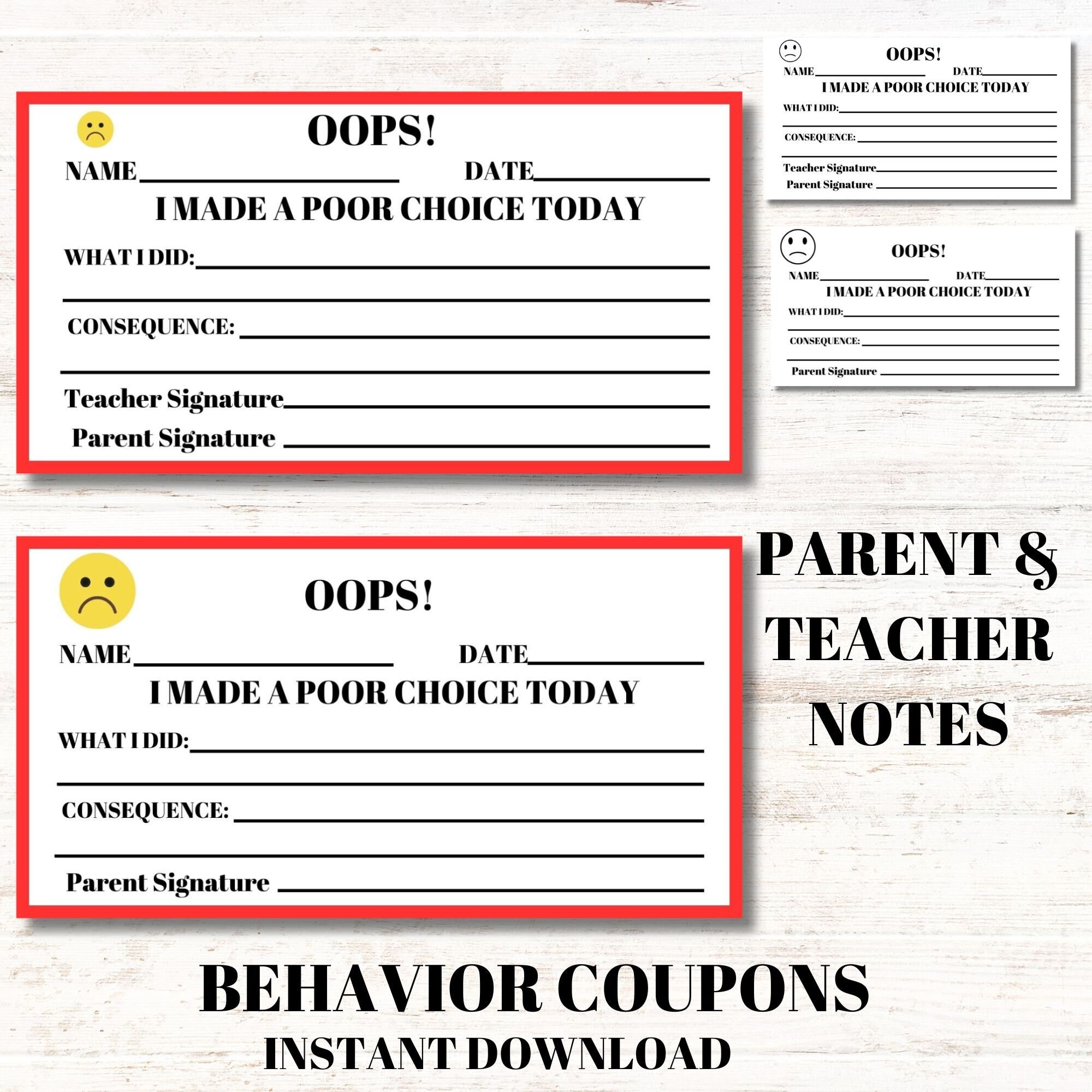 Behavior Coupon Note for Kids Printable, Kids Behavior Coupon, Teacher ...