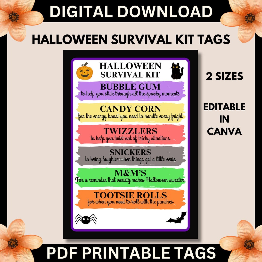 Halloween Survival Kit Tags: Printable Candy Favor (digital Download ...