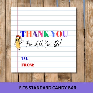 Teacher Thank You Chocolate Bar Wrapper: Printable Candy Treat (digital ...