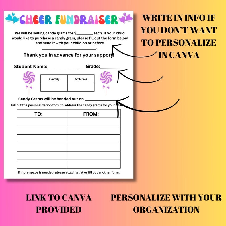Cheer Fundraiser Candy Gram Printable Editable, Flower Gram Fundraiser ...