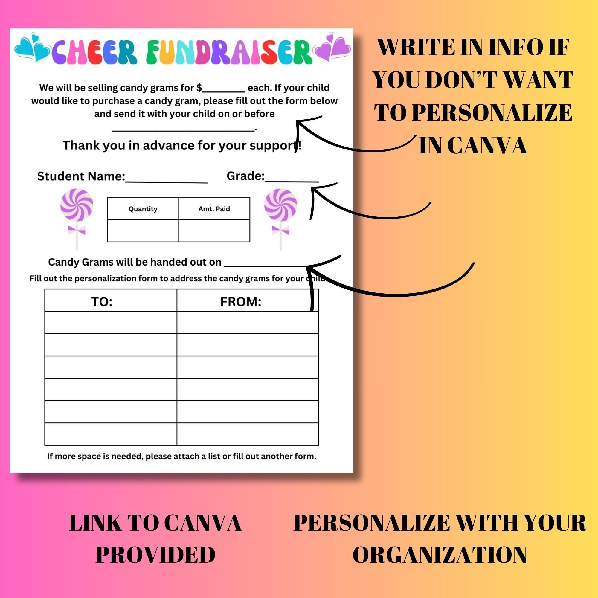 Cheer Fundraiser Candy Gram Printable Editable, Flower Gram Fundraiser ...