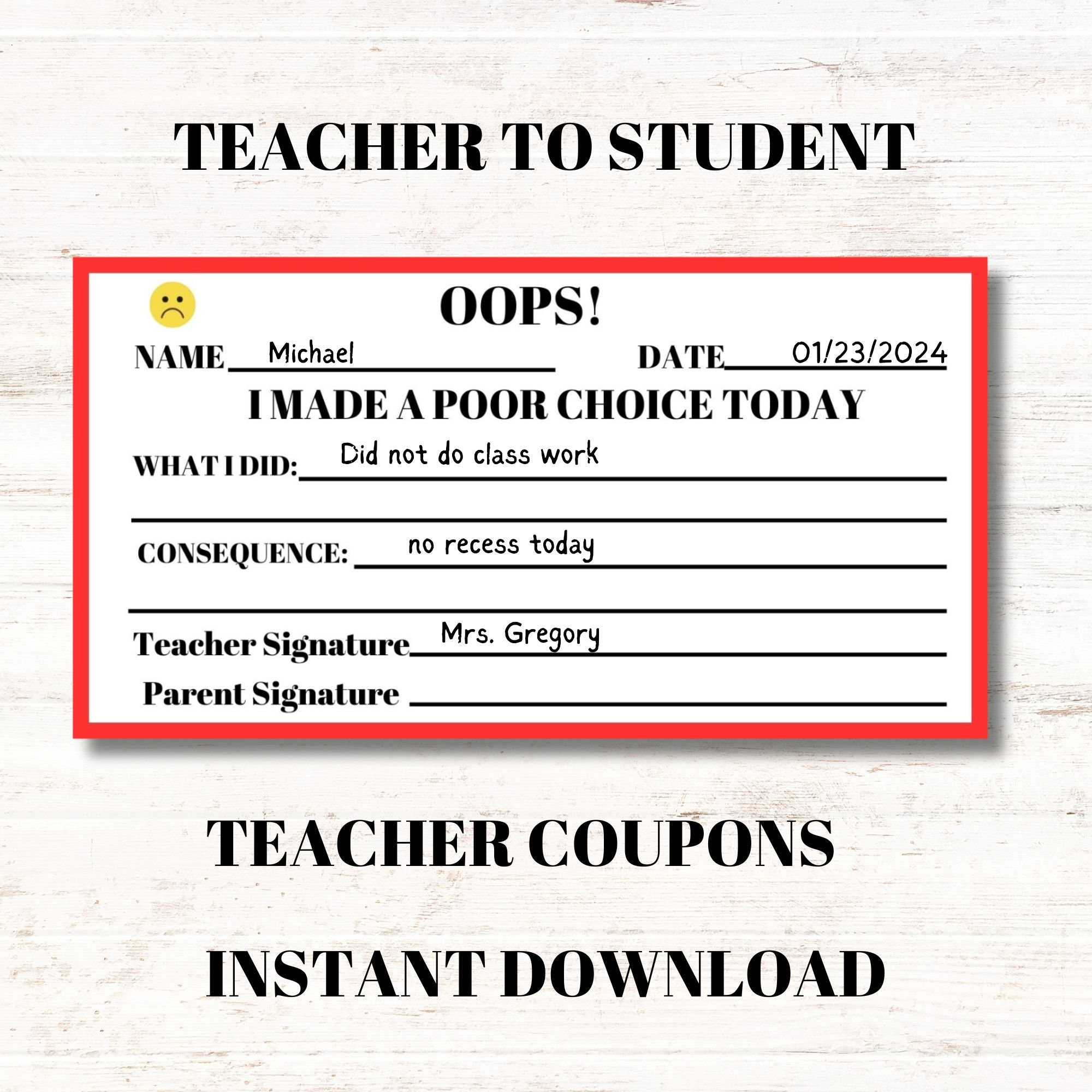 Behavior Coupon Note for Kids Printable, Kids Behavior Coupon, Teacher ...