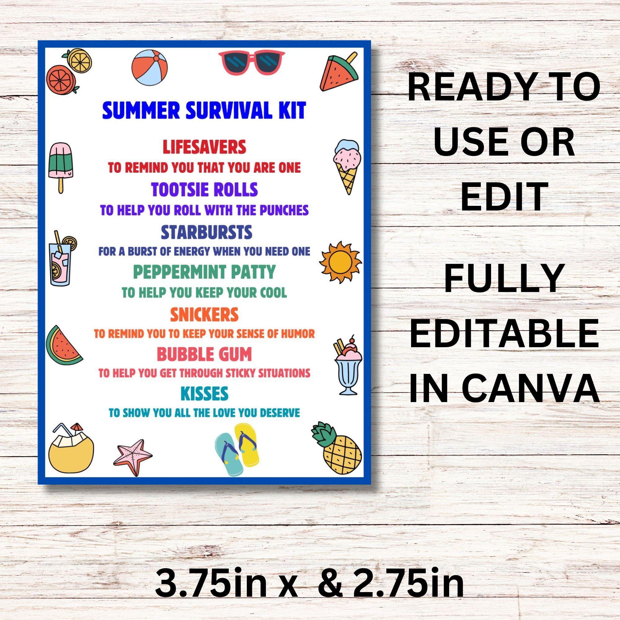 Summer Survival Kit Tag Editable, Printable End of Year Treat Tag, Kids ...