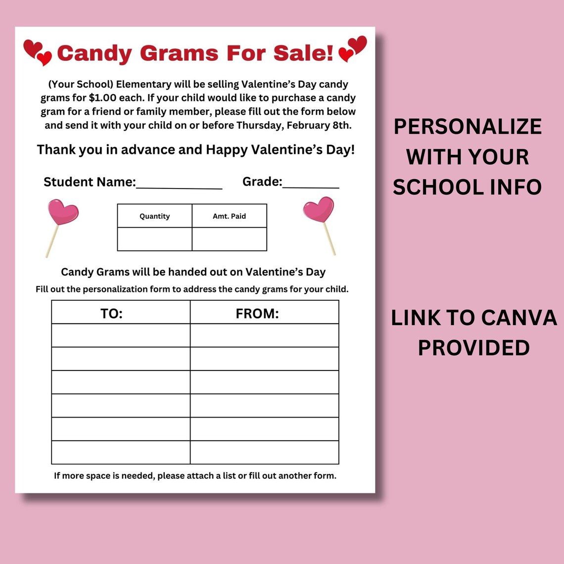 Editable Valentines Day Candy Gram Printable, Lollipop Candy Gram for ...