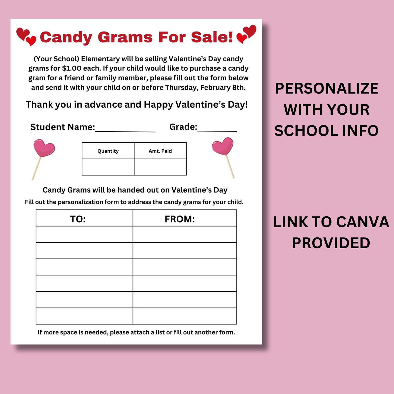 Editable Valentines Day Candy Gram Printable, Lollipop Candy Gram for ...