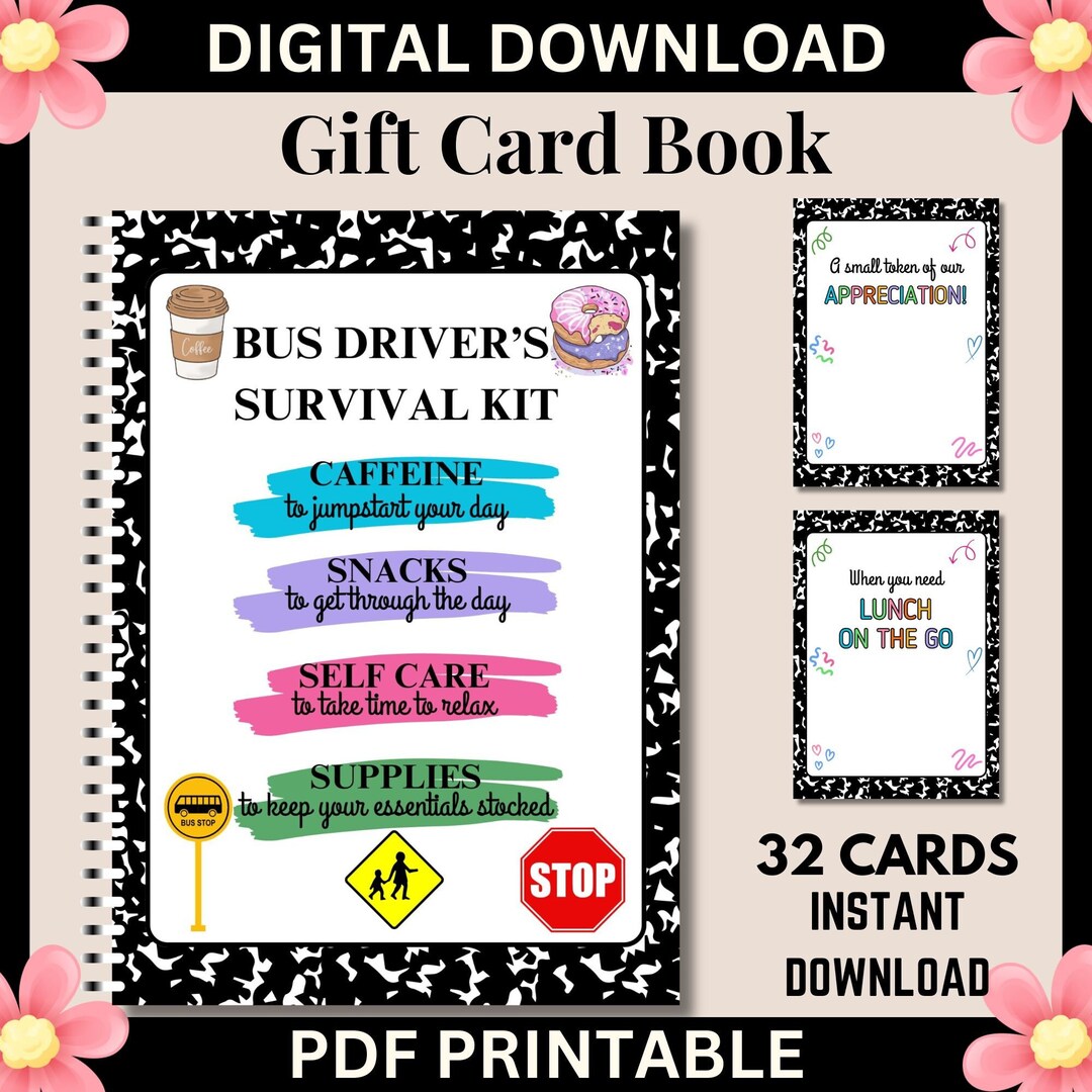 Printable Gift Card Book, Bus Driver Survival Kit, Appreciation Gift ...