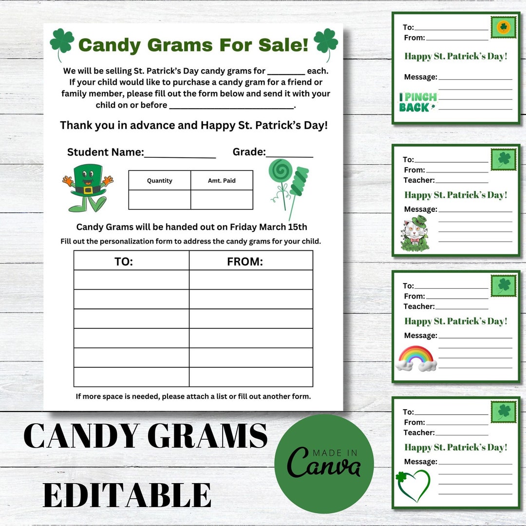 Editable St Patricks Day Candy Gram Printable, Lollipop Candy Gram for ...
